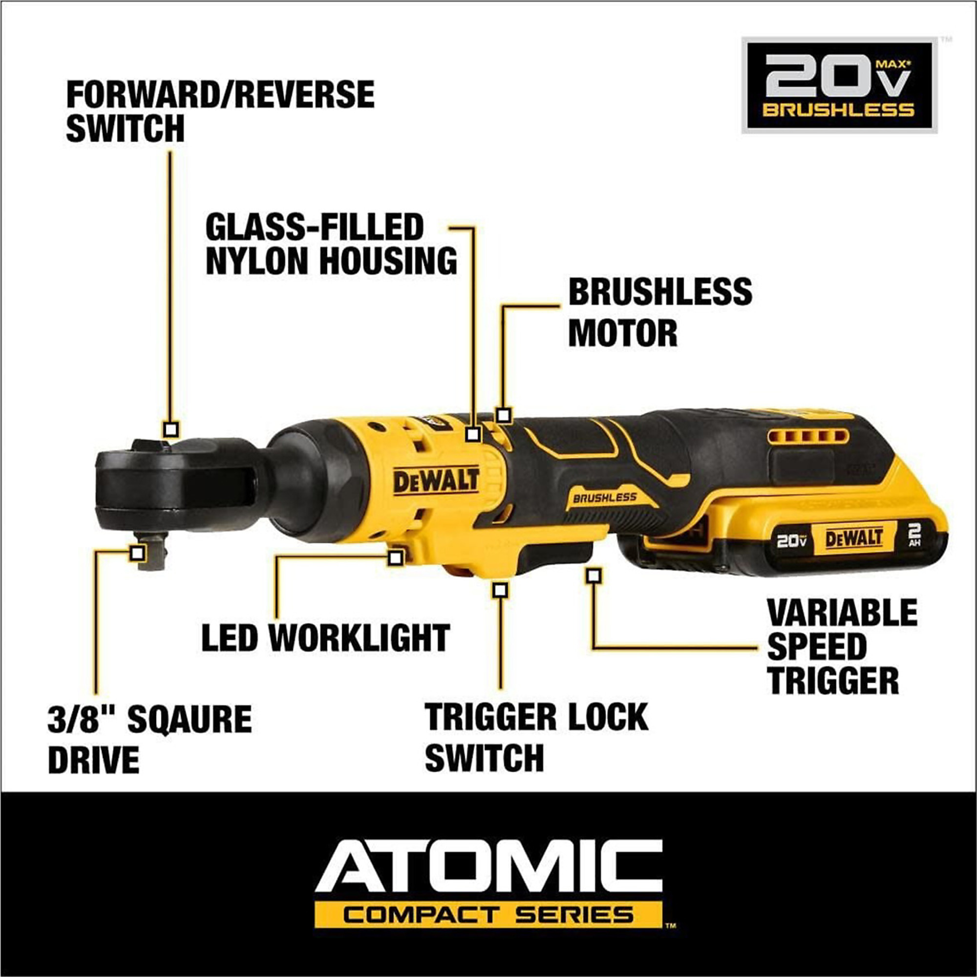DeWalt 20V MAX ATOMIC Brushless Lithium-Ion 3/8in. Cordless Ratchet Kit ...