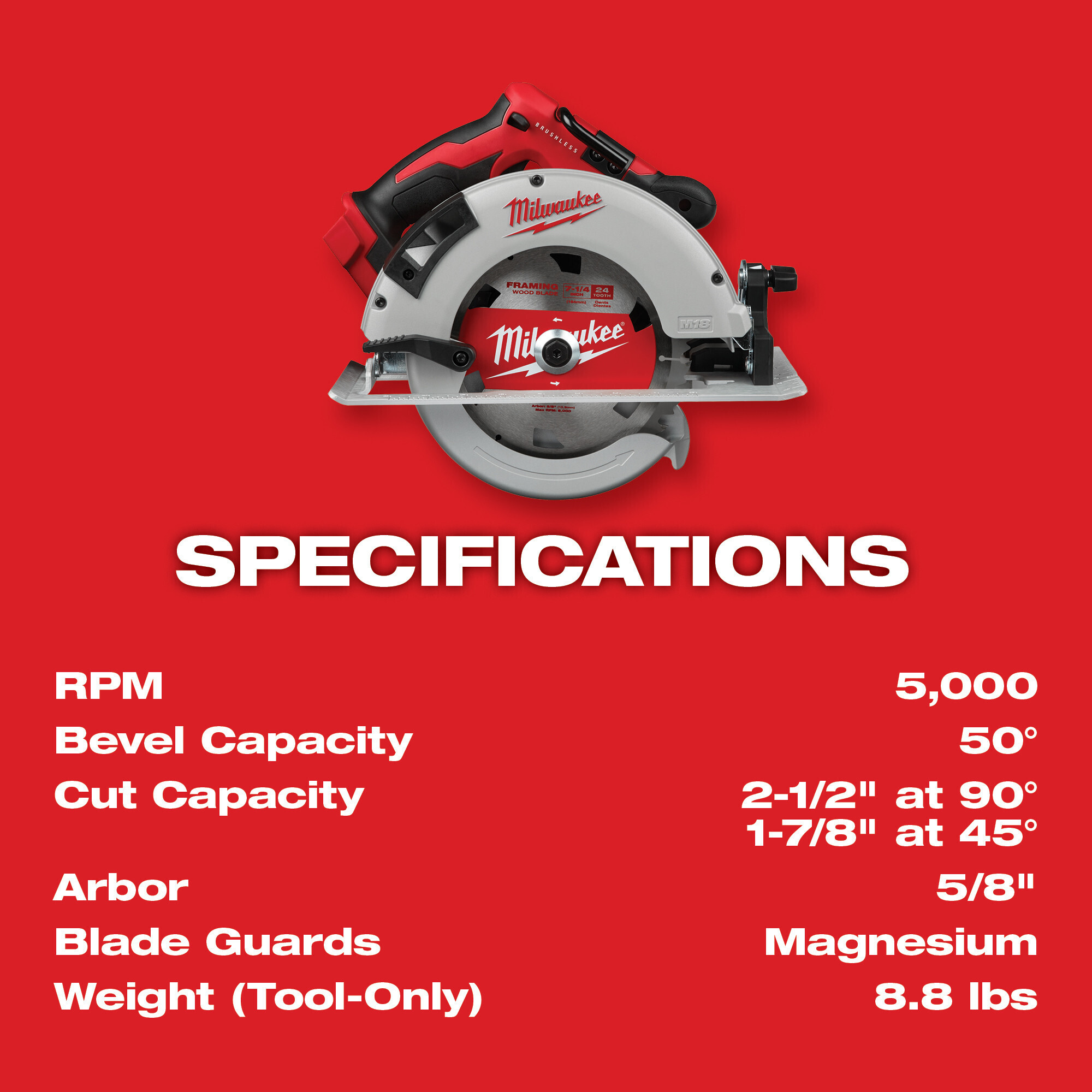 Milwaukee M18 Brushless Cordless Circular Saw - Tool Only, 7 1/4in ...