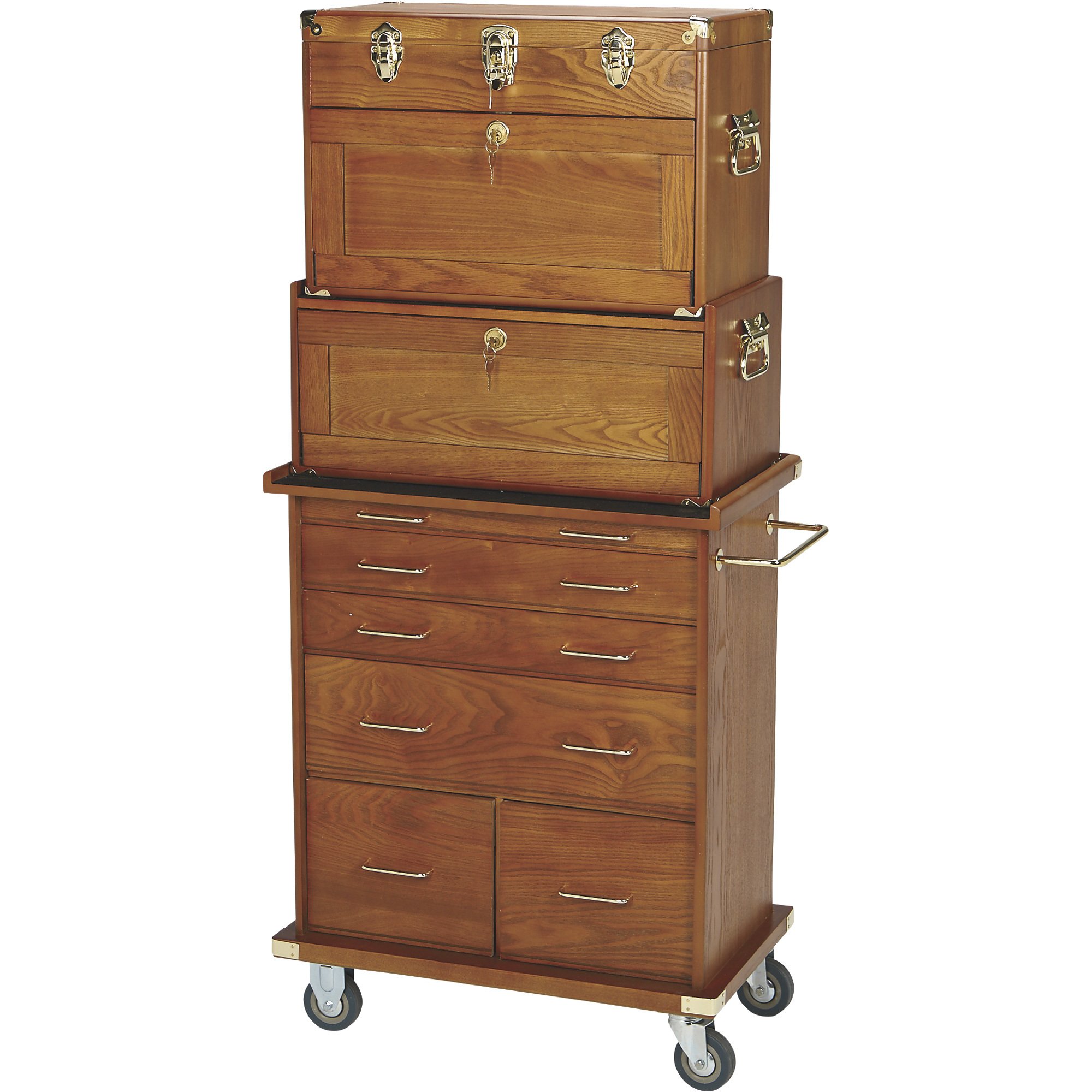 6-Drawer Oak Rolling Collector's Chest Storage Cabinet — Oak Finish, 22 ...