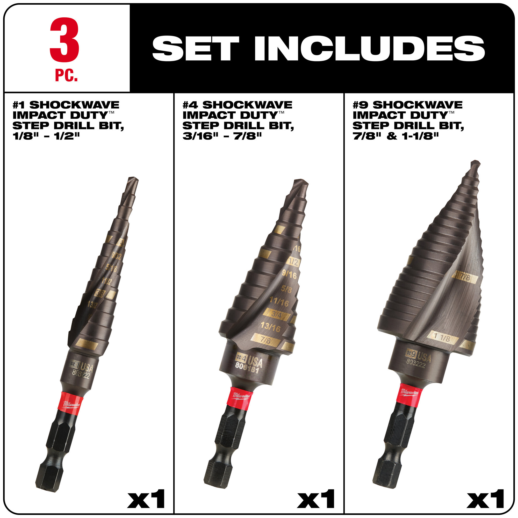 Milwaukee Shockwave Electrical Step Drill Bit Set, 3-Pc., #1, 1/8in.-1 ...