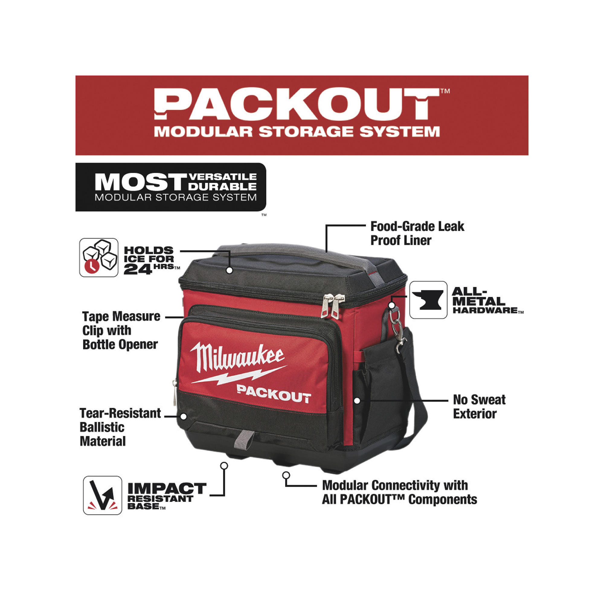 Milwaukee PACKOUT Cooler, 15-3/4in.L x 15-3/4in.W x 11-13/16in.H, Model ...