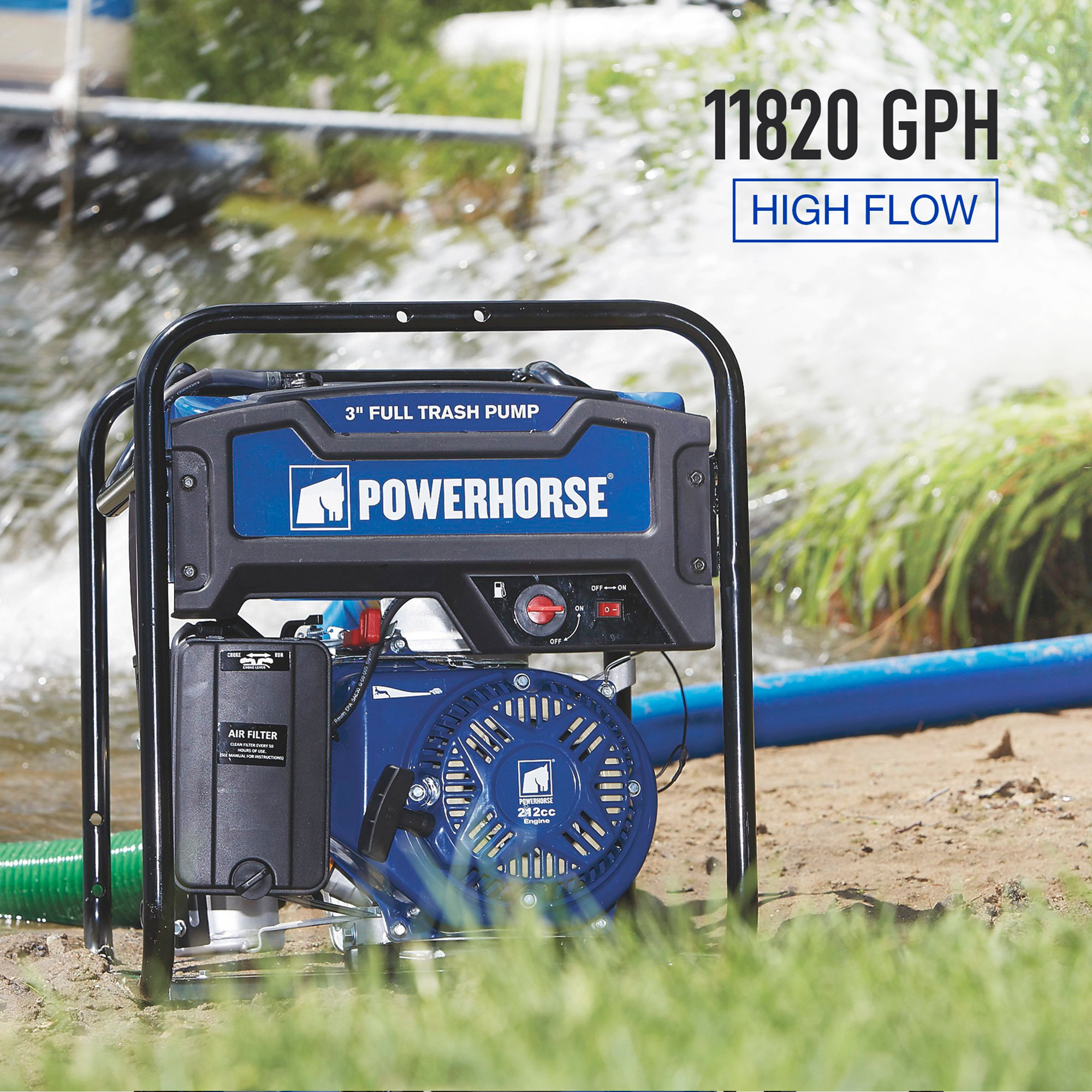Powerhorse Extended Run Full-Trash Pump, 3in. Ports, 11,820 GPH, 1 1 ...