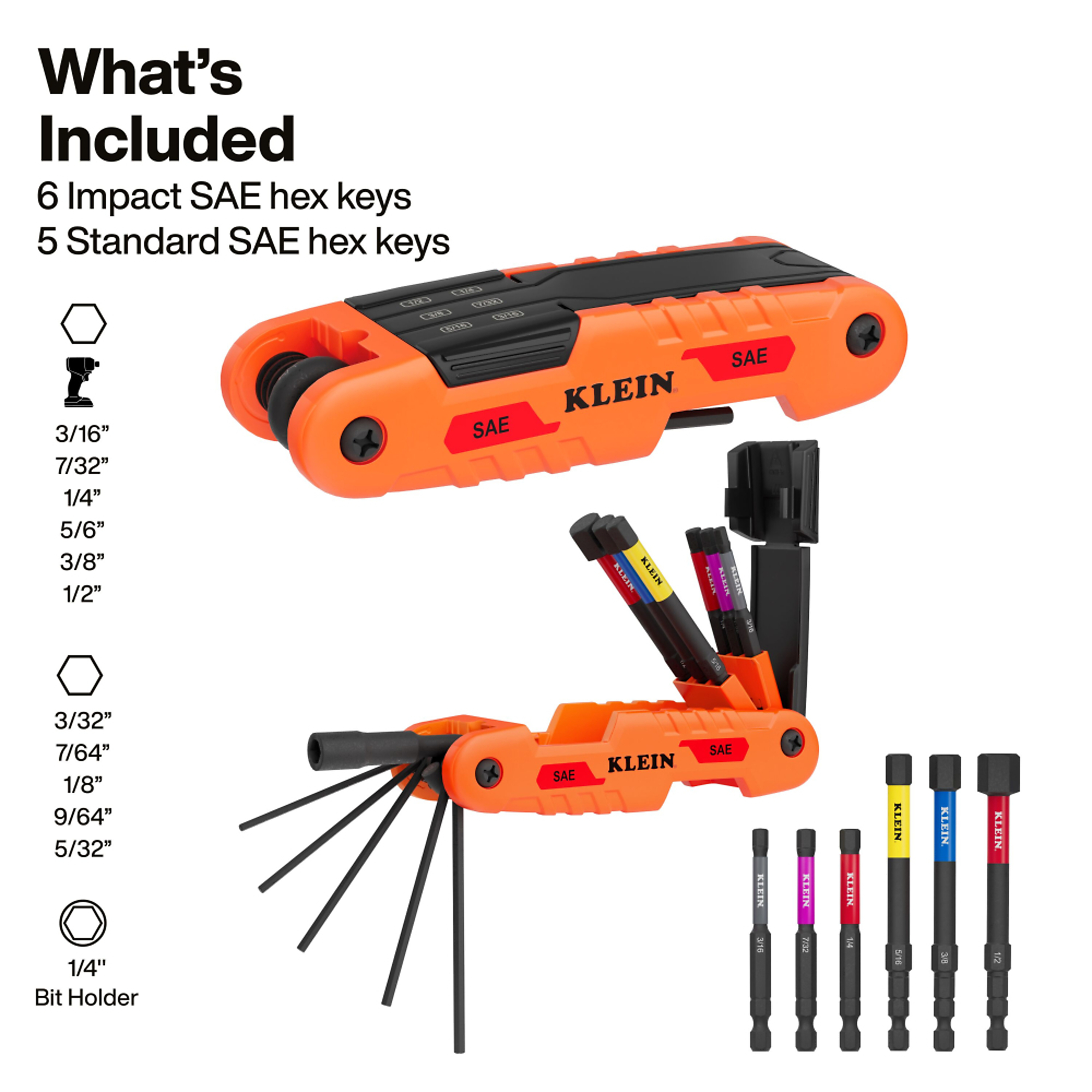 Extended Reach Impact Folding Hex Key Set, SAE, Klein Tools Model ...