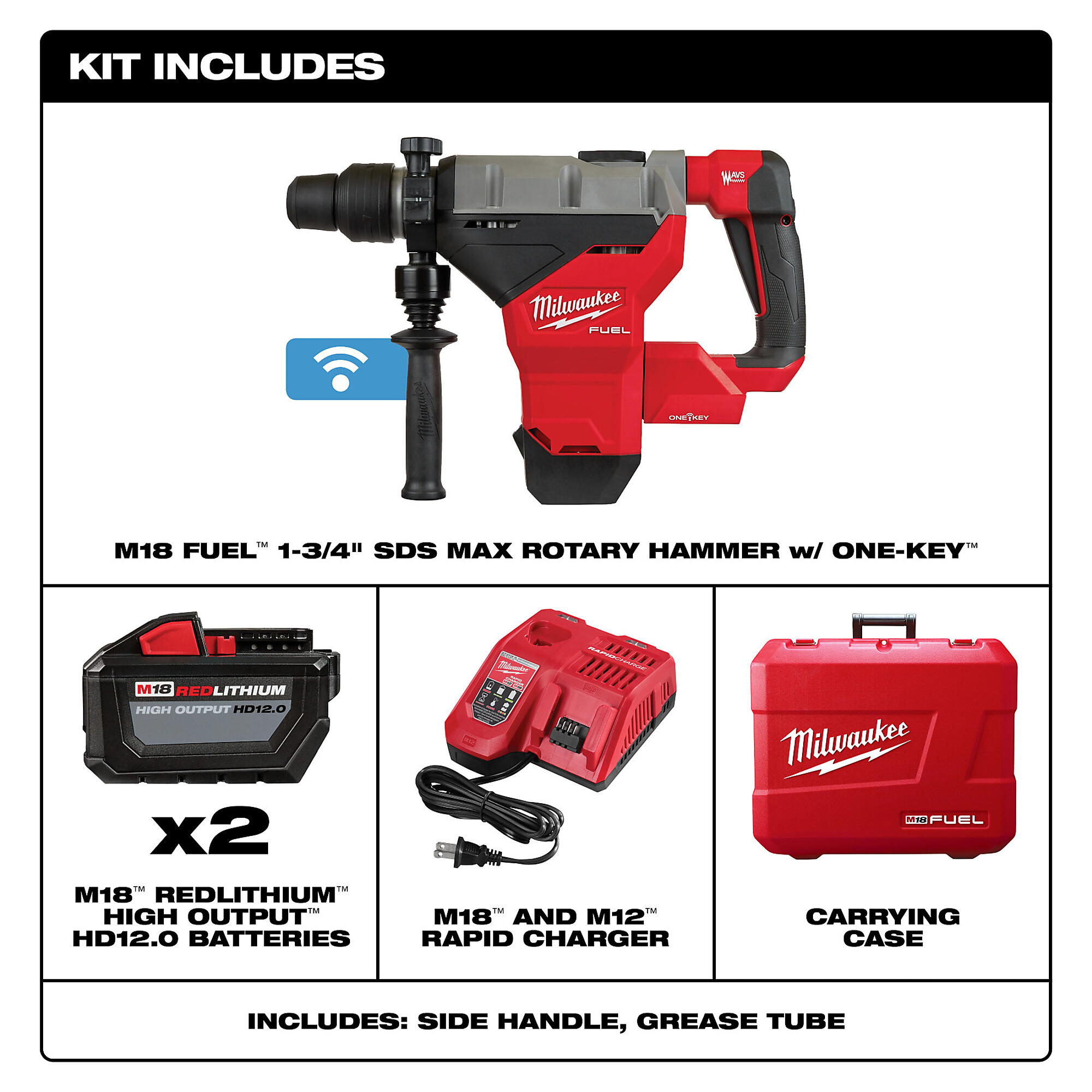 Milwaukee M18 FUEL SDS Max Rotary Hammer with One Key Kit, 2 Batteries ...