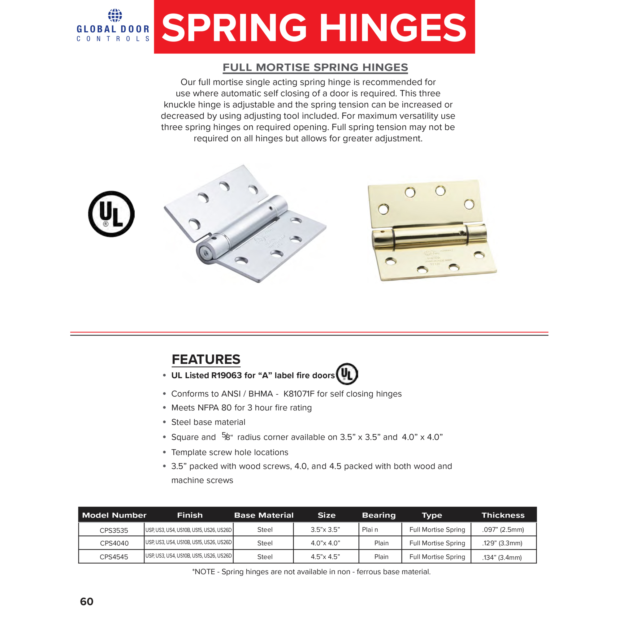 Global Door Controls, 4.5 x 4.5in. Full Mortise Spring Squared Hinge ...