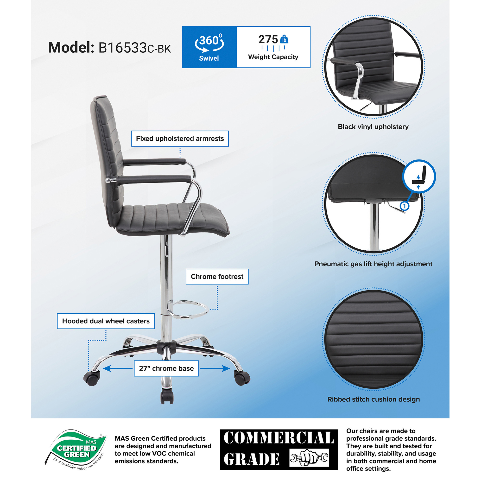 BOSS Height Adjustable Drafting Stool with Ribbed Vinyl Upholstery ...