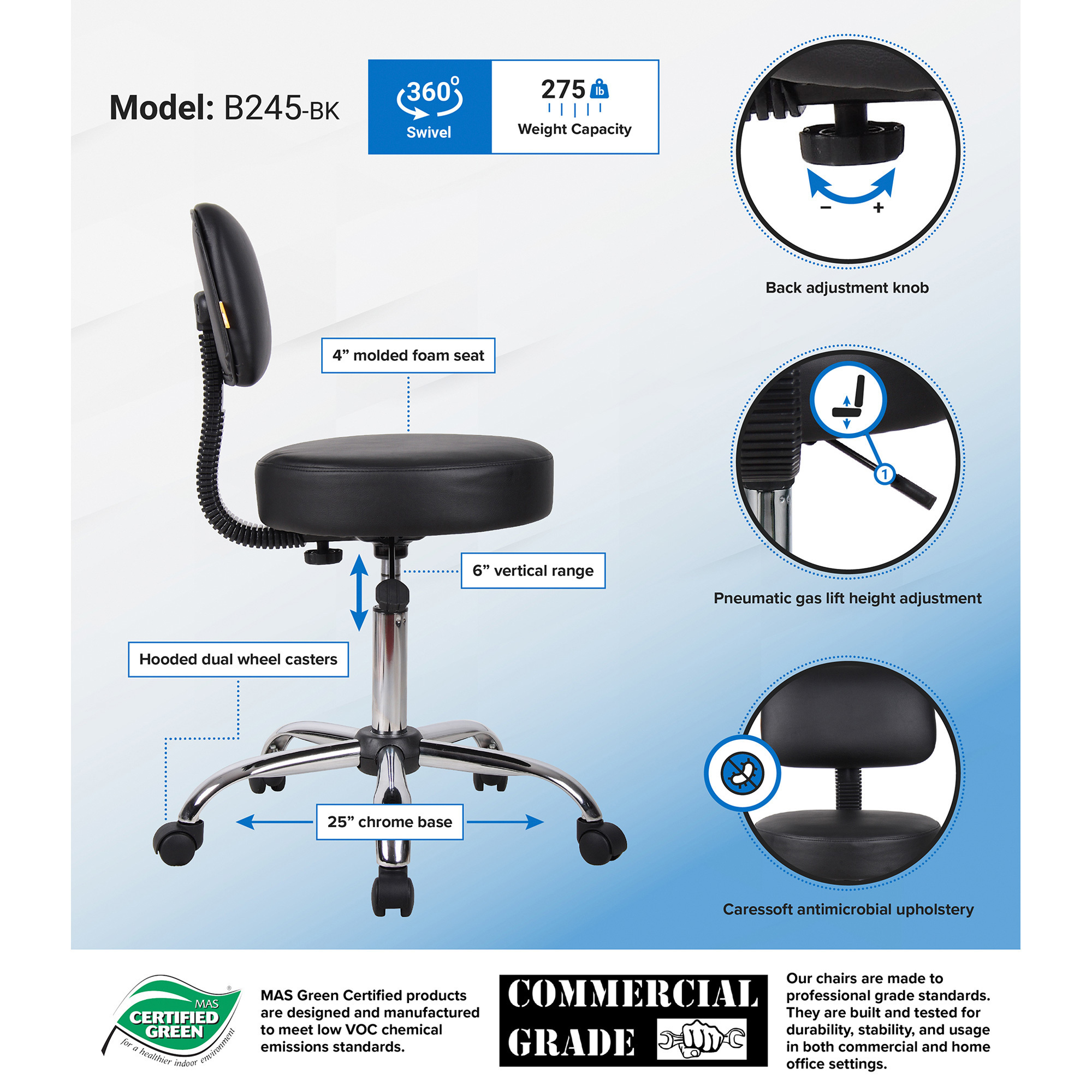 Boss Adjustable Caressoft Medical Stool with Back Rest — Black ...