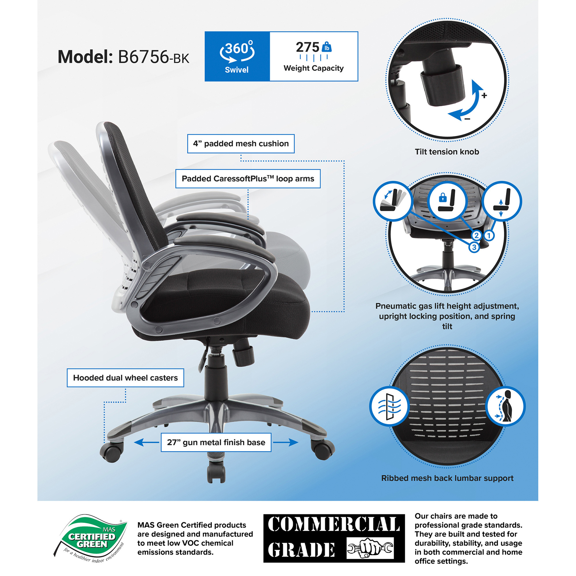 Norstar Ribbed High Back Mesh Chair — Black/Gunmetal, 25in.W x 29in.D x ...