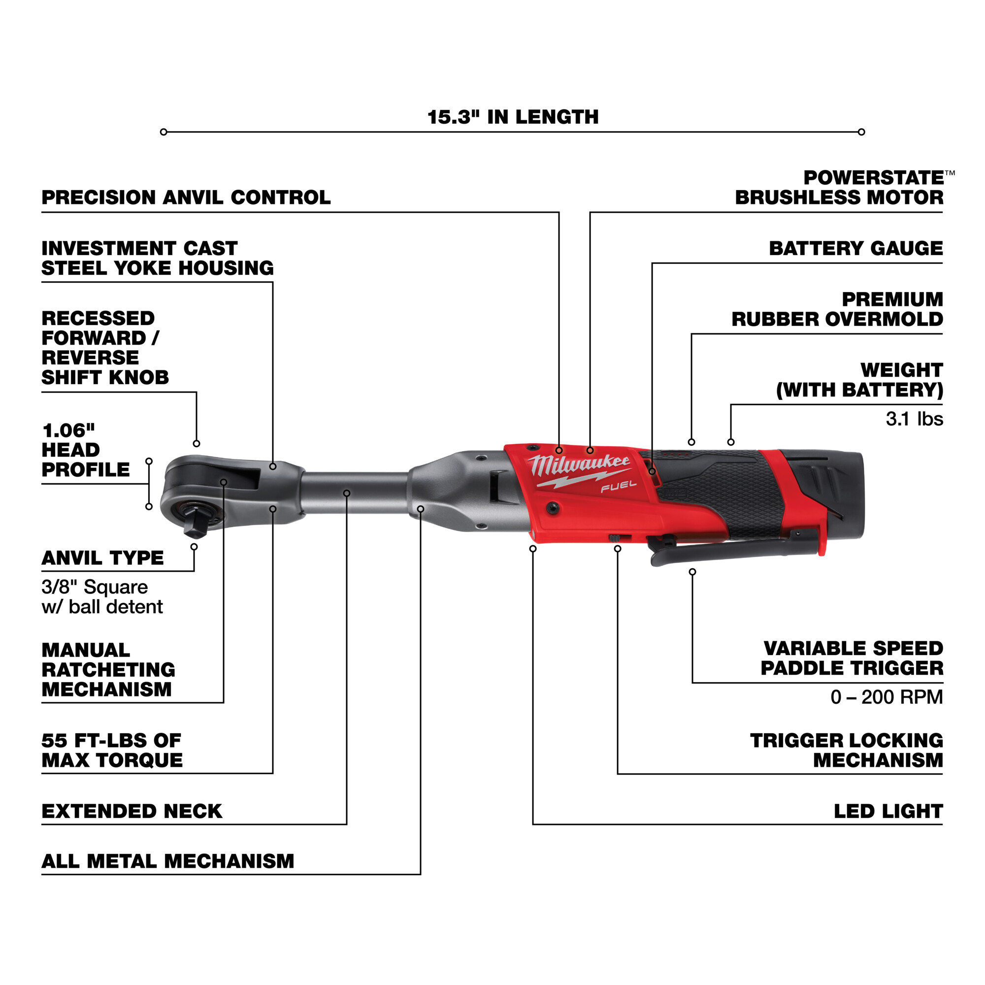 Milwaukee M12 FUEL 3/8in. Extended Reach Ratchet Kit, One Battery ...