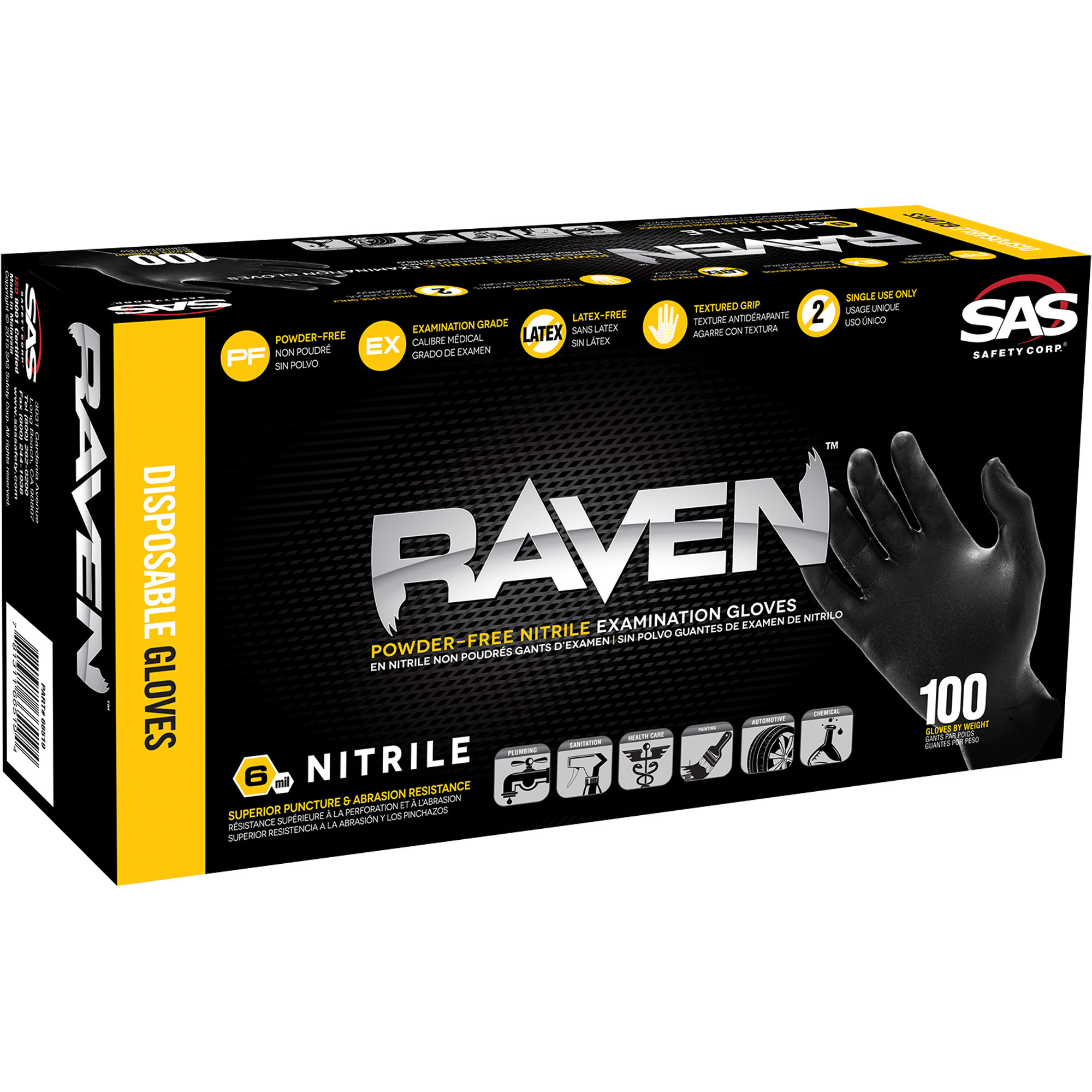 SAS Raven 7 Mil Nitrile Powder-Free Disposable Gloves, 50 Pairs, Black ...