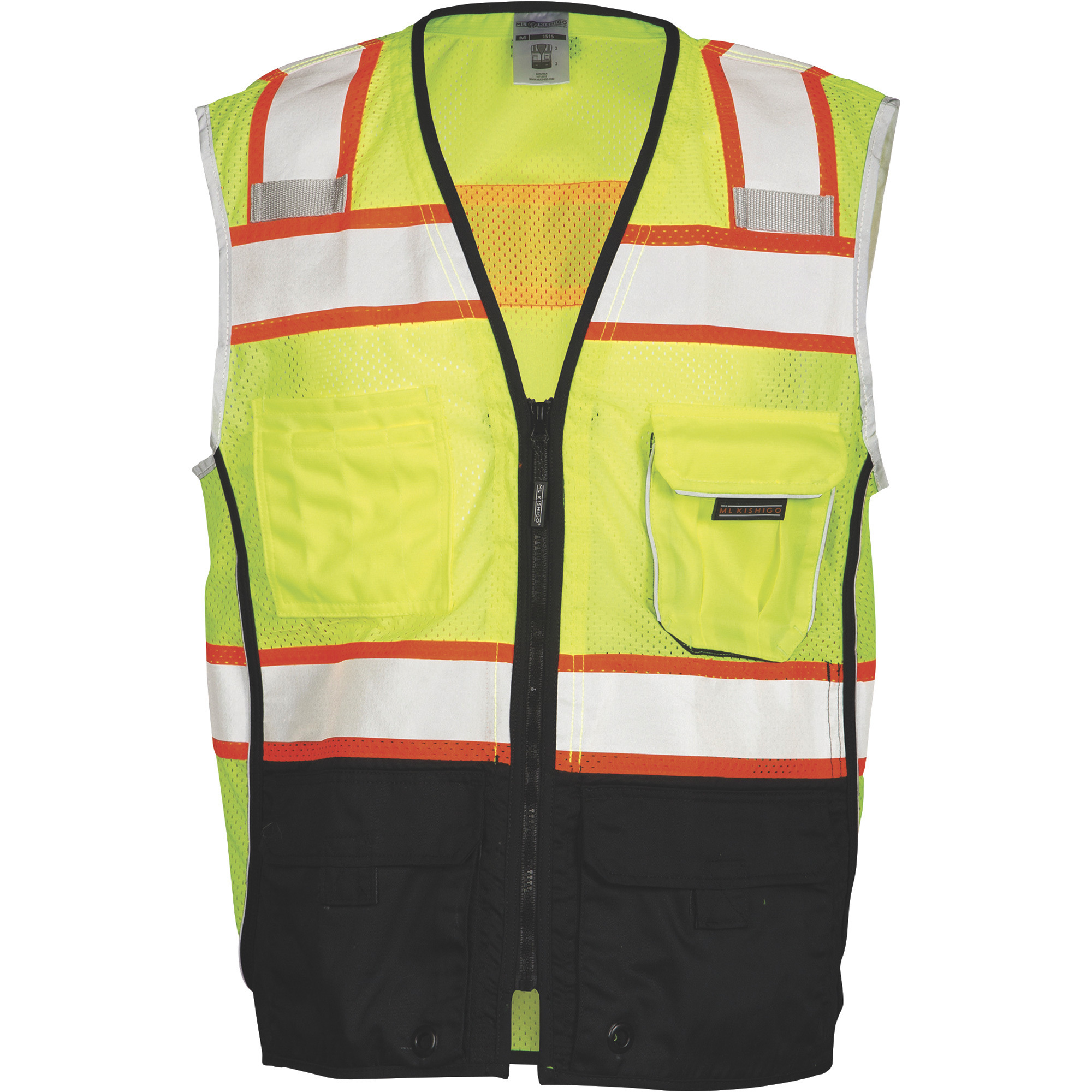 ML Kishigo Men's Class 2 High Visibility Premium Black Series Black Bottom Vest, Lime/Black ...