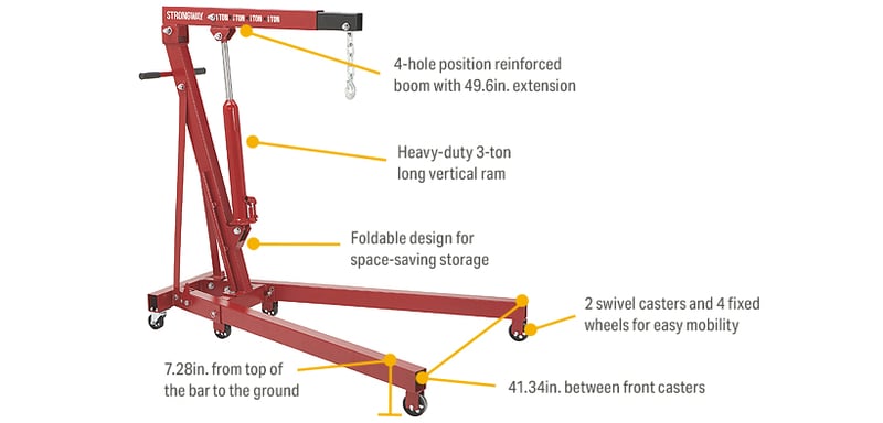 Strongway Hydraulic Engine Hoist/Shop Crane, 1-Ton Capacity, 2.95in.–76 ...