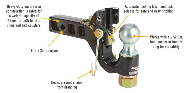 Ultra-Tow XTP Auto-Locking Dual-Purpose Pintle Hitch, 2 5/16in. Ball, 7 ...
