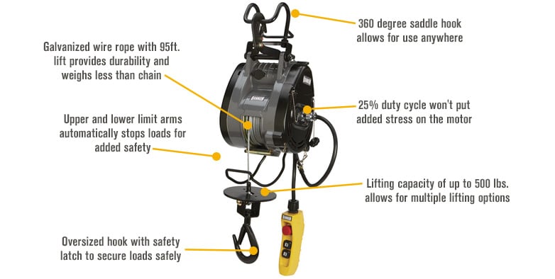 Bannon Compact Electric Cable Hoist, 500-Lb. Capacity, 95ft. Lift, 110 ...