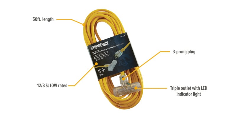Strongway Outdoor Extension Cord with Triple Tap, 50ft., 12/3 Ga., 15 ...