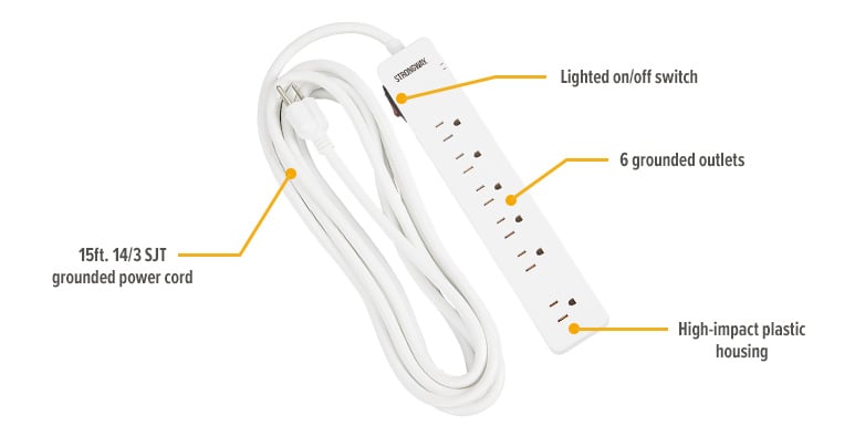 Strongway 6-Outlet Surge Protector Power Strip, 15ft.L, 14/3 Ga., 15 ...