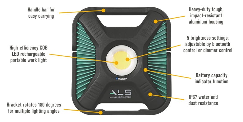 ALS Rechargeable COB LED Portable Work Light with Bluetooth — Battery ...
