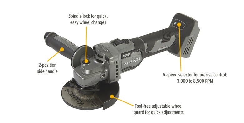 Klutch 4-1/2in. Angle Grinder, KLiQ 20V, 8500 RPM, Brushless, Cordless ...