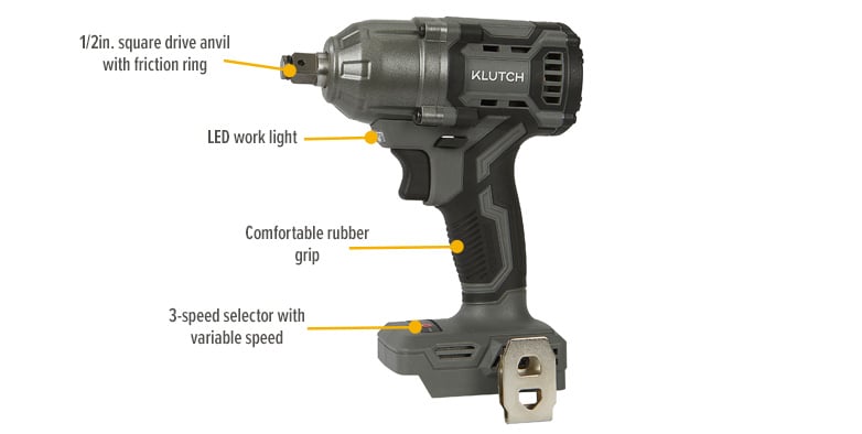 Klutch 1/2in. Impact Wrench, KLiQ 20V, 500 Ft./Lbs. Breakaway Torque ...