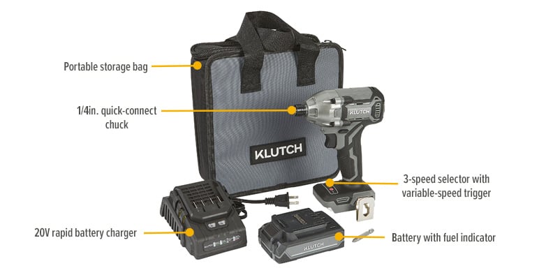 Klutch 1/4in. Impact Driver Kit, KLiQ 20V, 200 Ft./Lbs. Breakaway ...