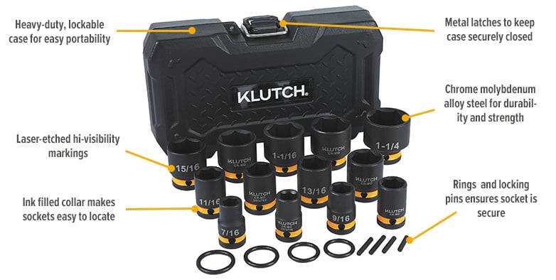 Klutch 1/2in.-Drive Impact Socket Set, SAE, Chrome Molybdenum, 13 Pcs. | Northern Tool