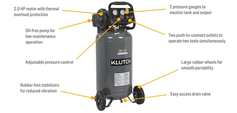 Klutch 20-Gallon Air Compressor, 2 HP, 120 Volts, 175 PSI | Northern Tool